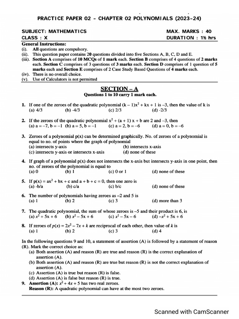 Maths Class X Chapter 02 Polynomials Practice Paper 02 1 | PDF