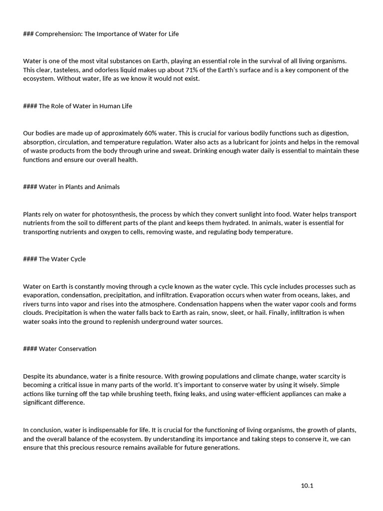 Importance of Water for Life | PDF | Water | Water Cycle