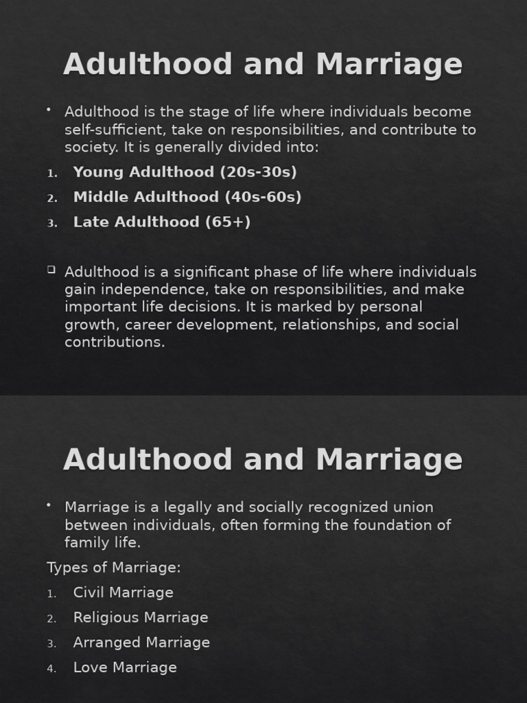 Adulthood Stages and Marriage Types | PDF | Marriage | Family