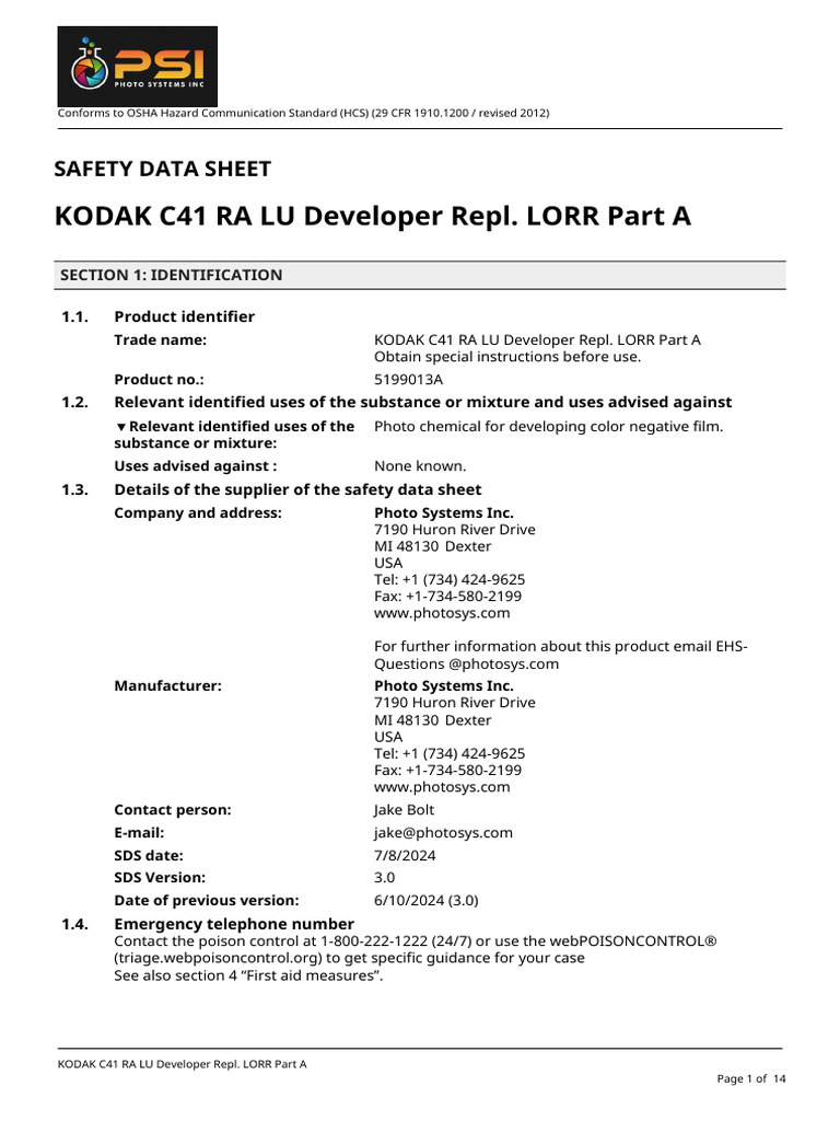 KODAK C41 RA LU Developer Safety Data Sheet | PDF | Working Conditions ...