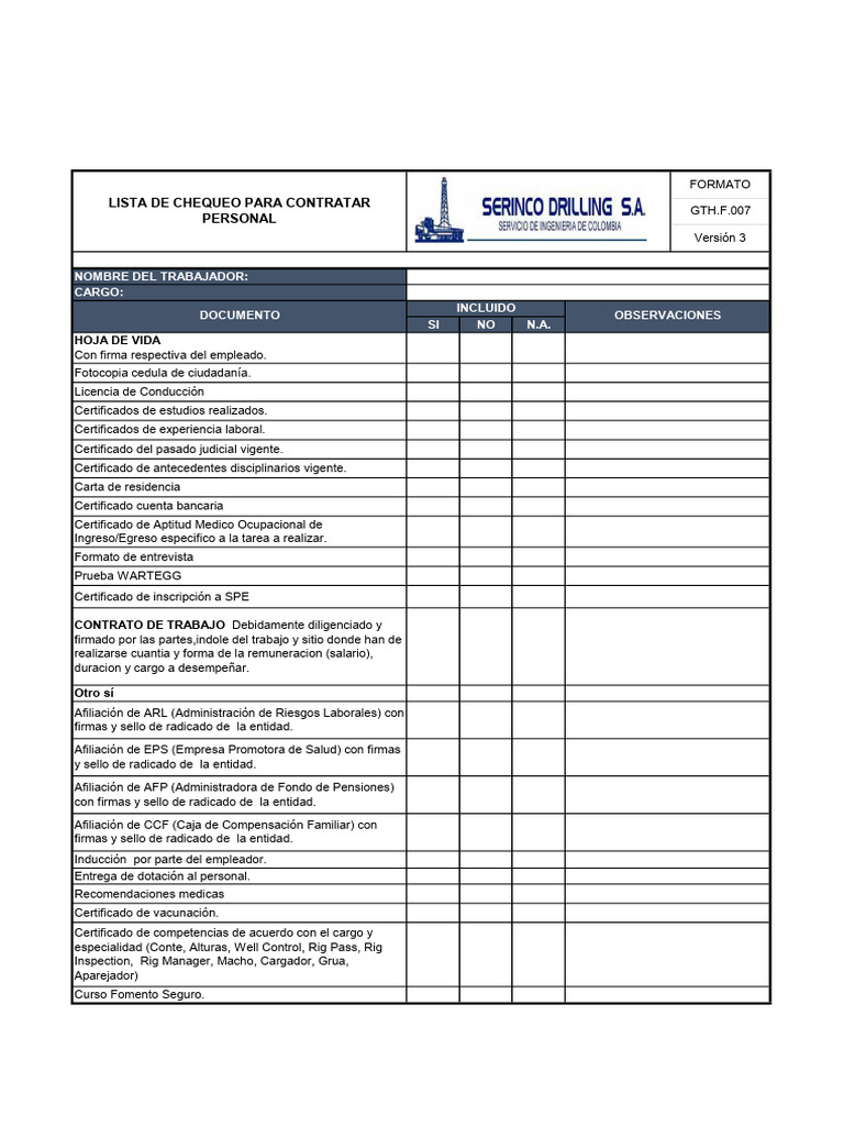 Lista de Chequeo para Contratar Personal: Nombre Del Trabajador: Cargo ...