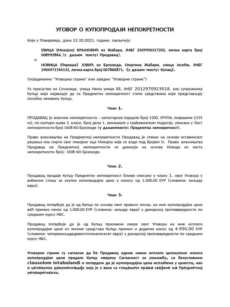 Ugovor o Kupoprodaji | PDF
