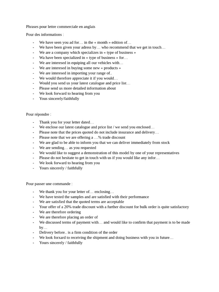 Phrases for Commercial Letters in English | PDF