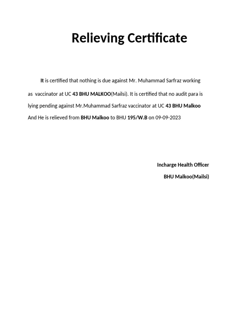 Relieving Certificate | PDF