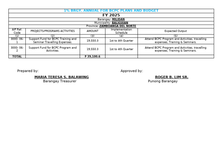 1% Brgy. Annual For BCPC Plans and Budget | PDF