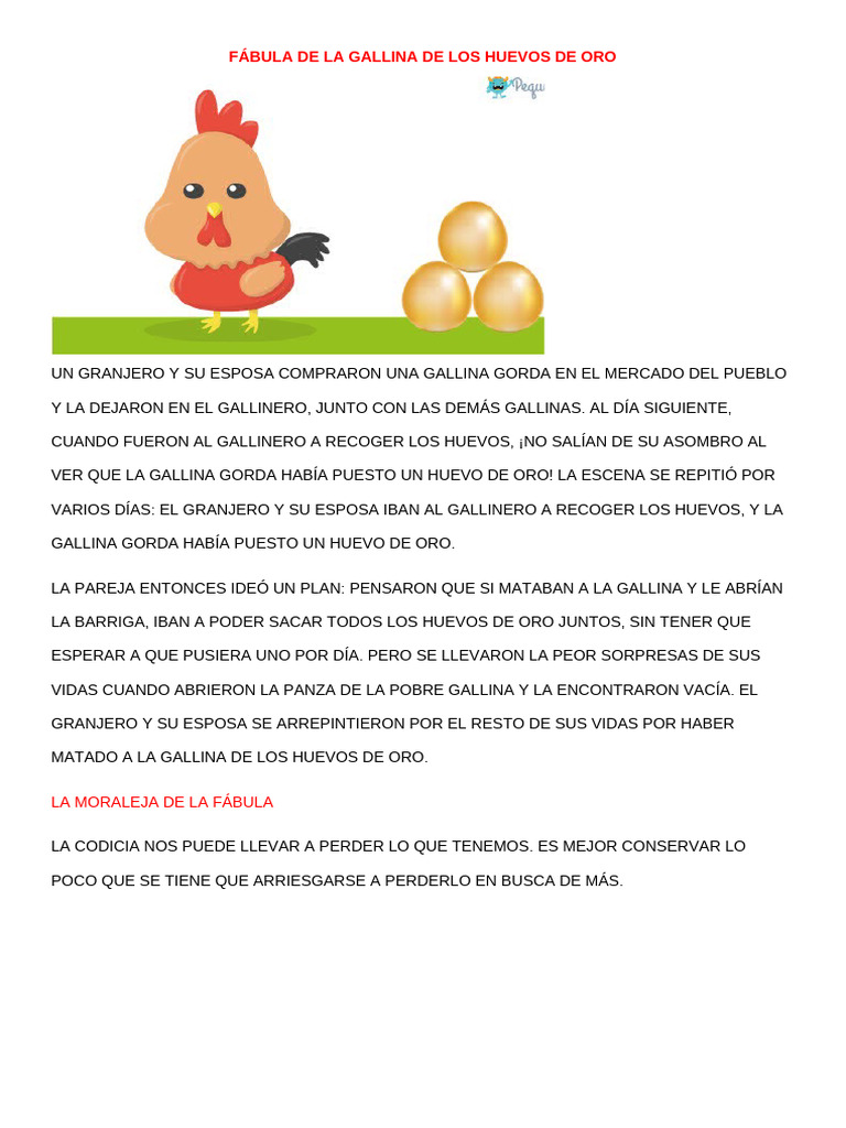 Fábula de La Gallina de Los Huevos de Oro | PDF