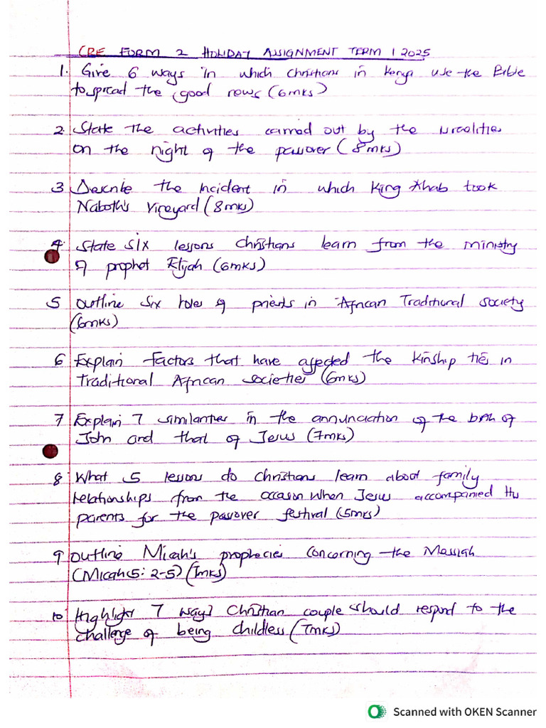 Form 2 Cre April Holiday Assignment | PDF