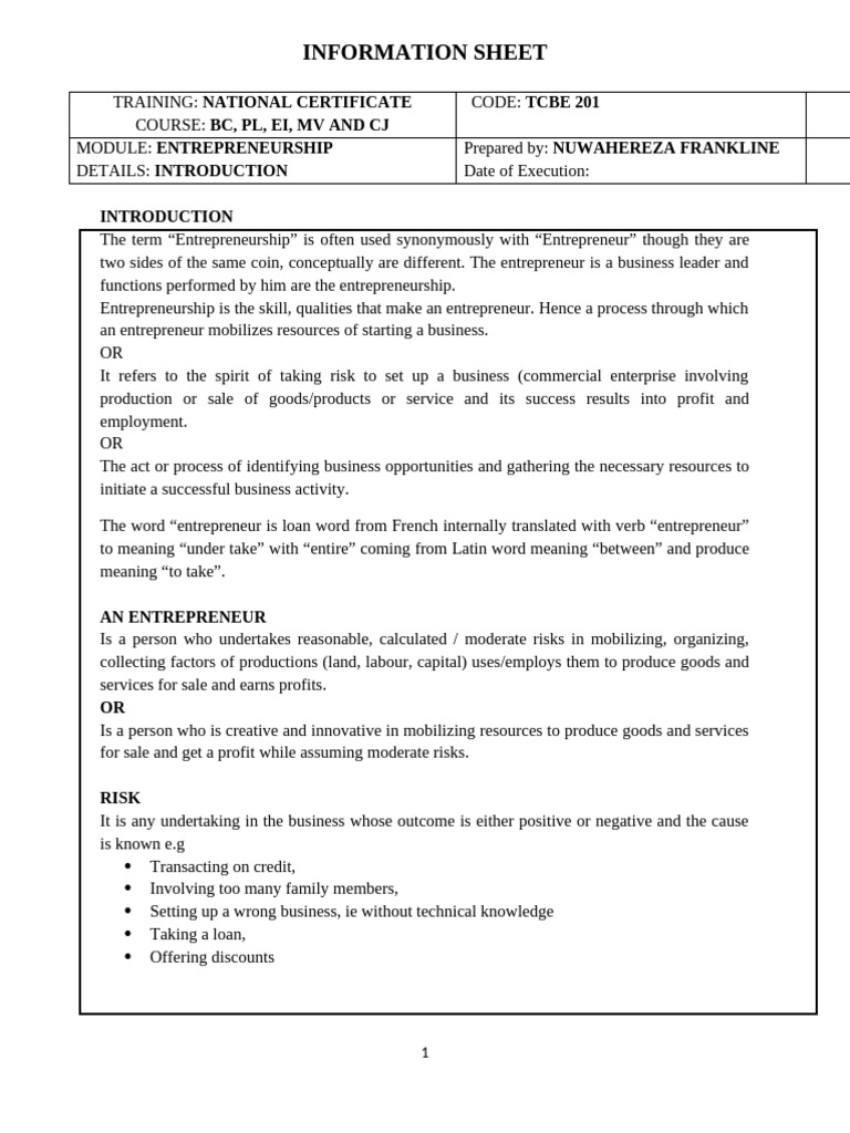 Entreprenuership Information Sheet 2 1 | PDF | Partnership | Entrepreneurship