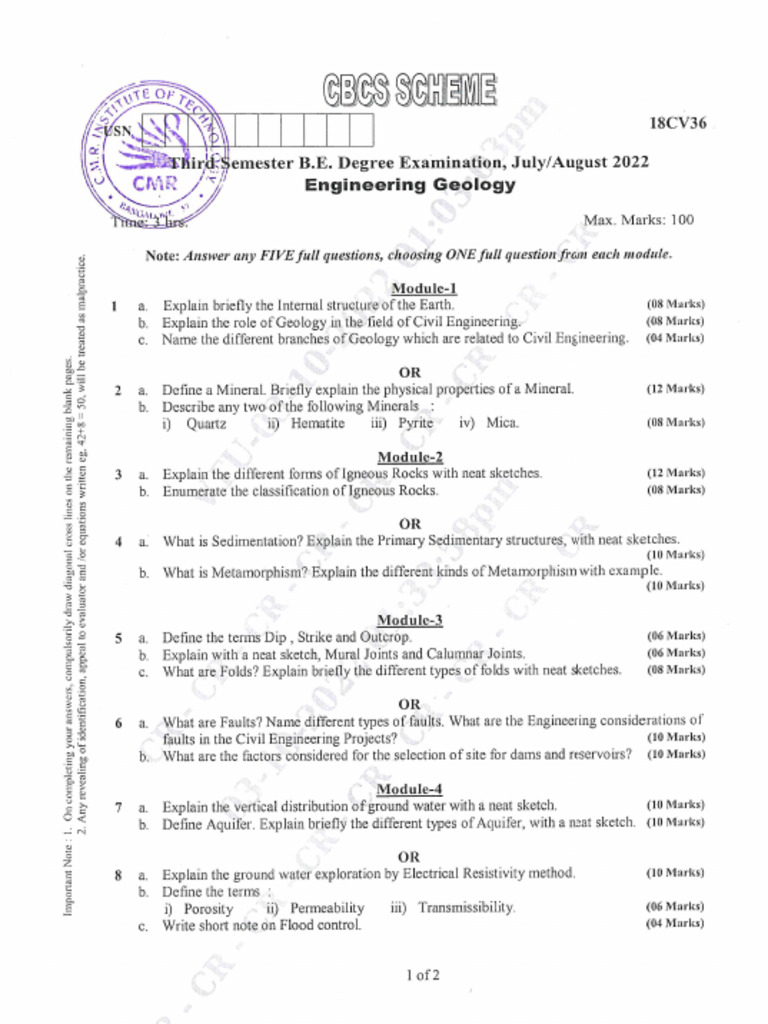 VTU Question Paper of 18CV36 Engineering Geology June-2022 | PDF