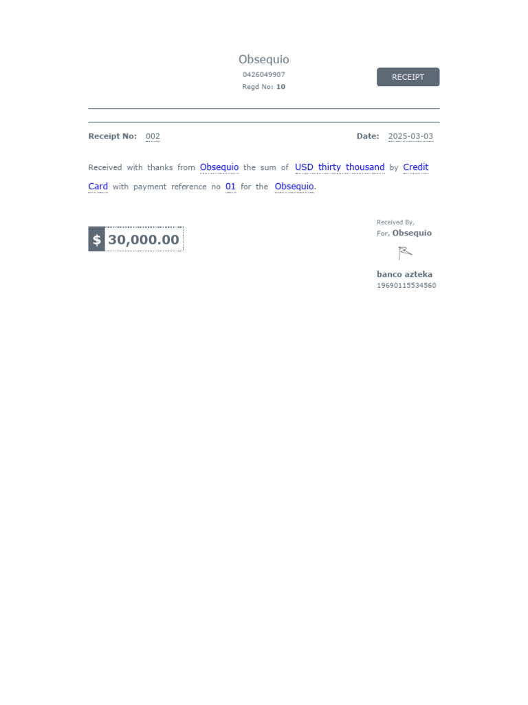 Receipt for $30,000 Payment to Obsequio | PDF