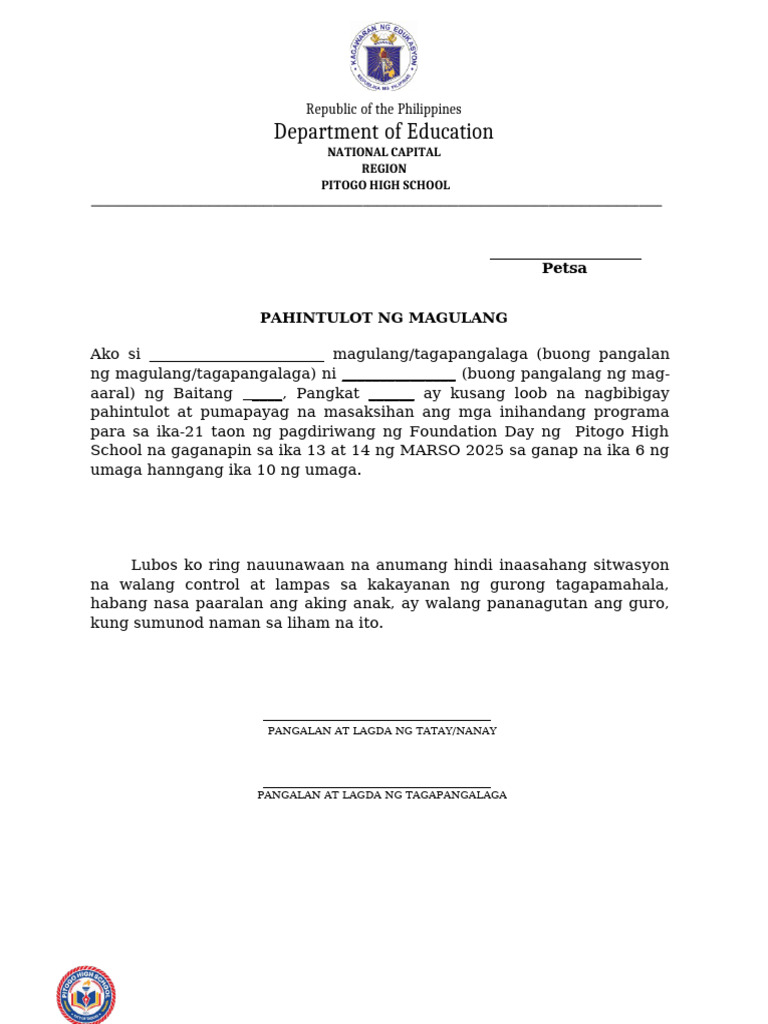 FOUNDATION DAY-PARENTAL-CONSENT-TAGALOG | PDF