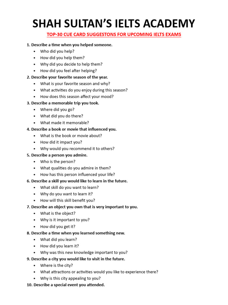 Top 30 IELTS Speaking Cue Cards | PDF | Cognition