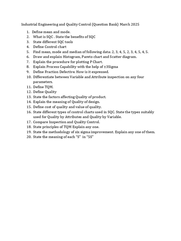 Industrial Engineering Quality Control Q&A | PDF
