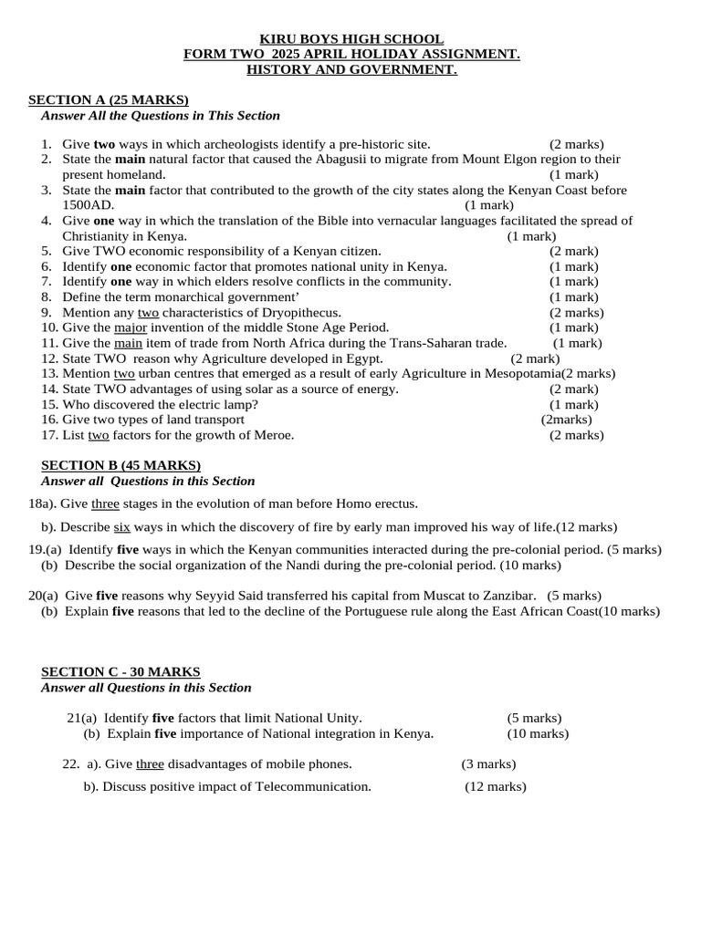 Form 2 History April 2025 Holiday Assignment | PDF | Kenya