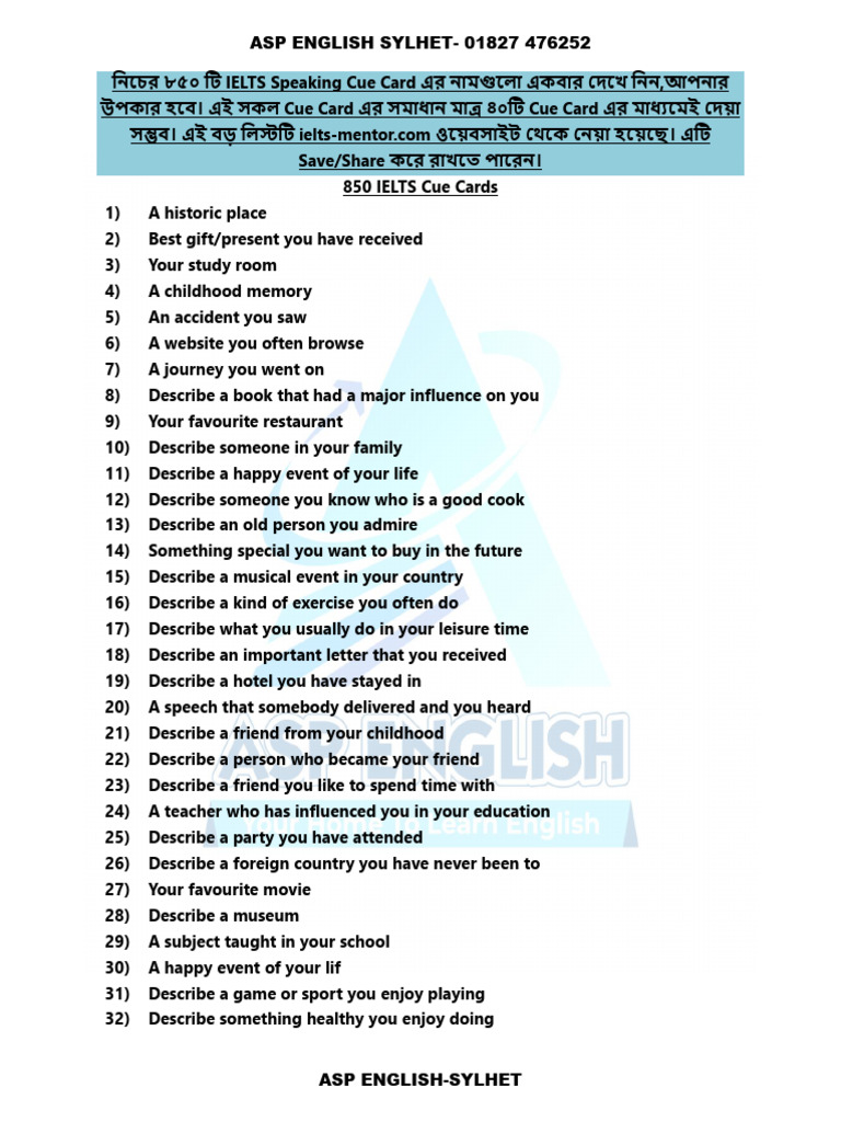 850 Speaking Cue Cards | PDF