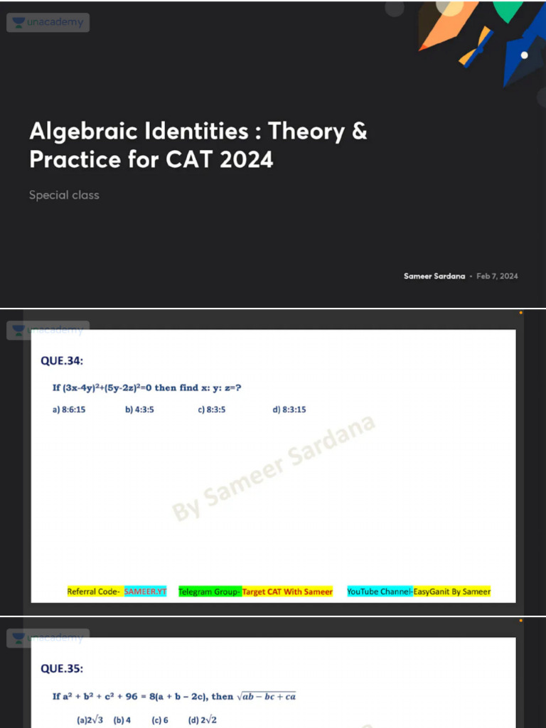 Algebraic Identities Theory Practice For CAT 2024 No Anno | PDF