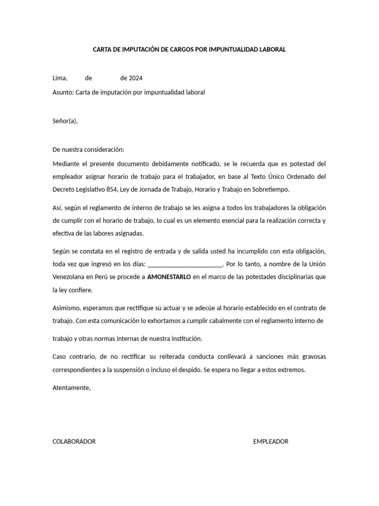 Carta de Imputación de Cargos Por Impuntualidad Laboral | PDF