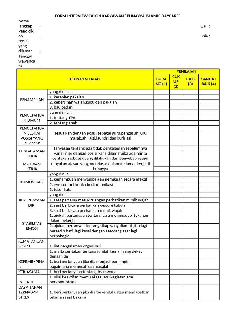 Formulir Wawancara Karyawan Bunayya | PDF
