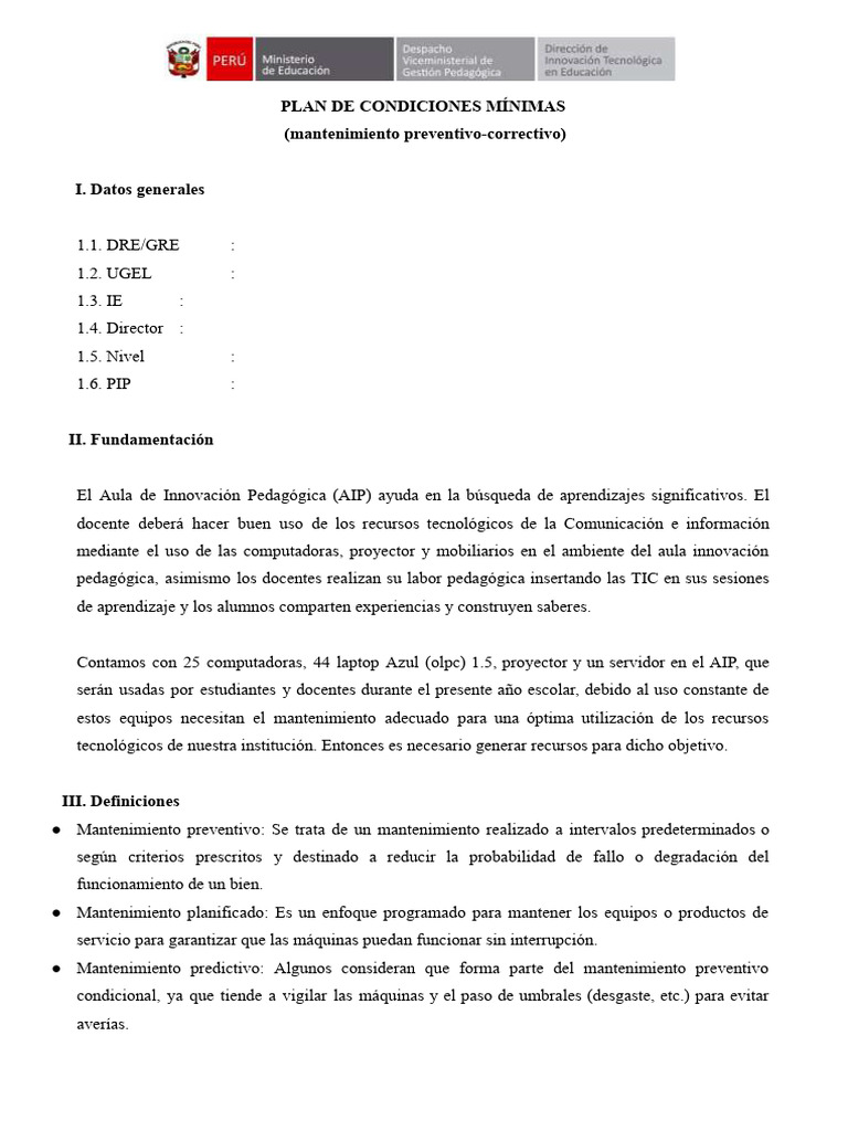 3_Plan de condiciones mínimas (mant prev y correct) | PDF | Salón de clases | Enseñando