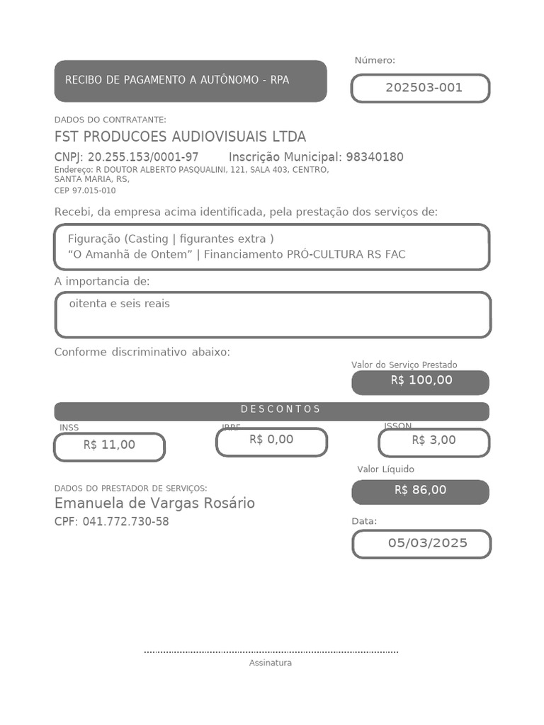 Recibo de Pagamento a Autônomo RPA | PDF