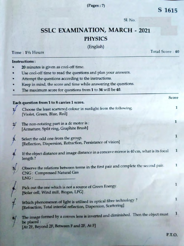 SSLC Exam 2021 Physics Question Paper English Medium | PDF