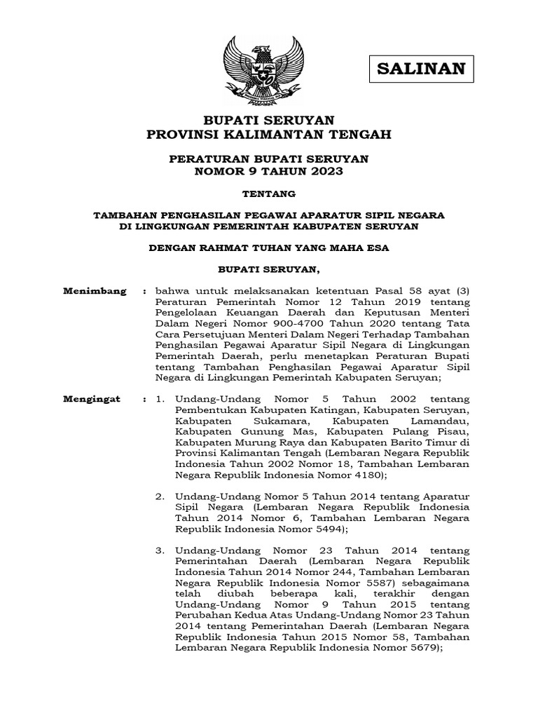 Perbup Seruyan No 9 Tahun 2023 | PDF