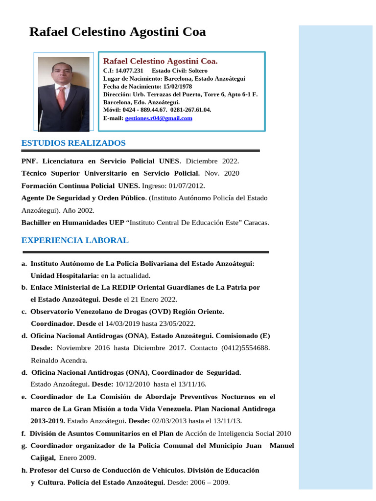 Curriculum Vitae Rafael Agostini | PDF | Policía | Venezuela