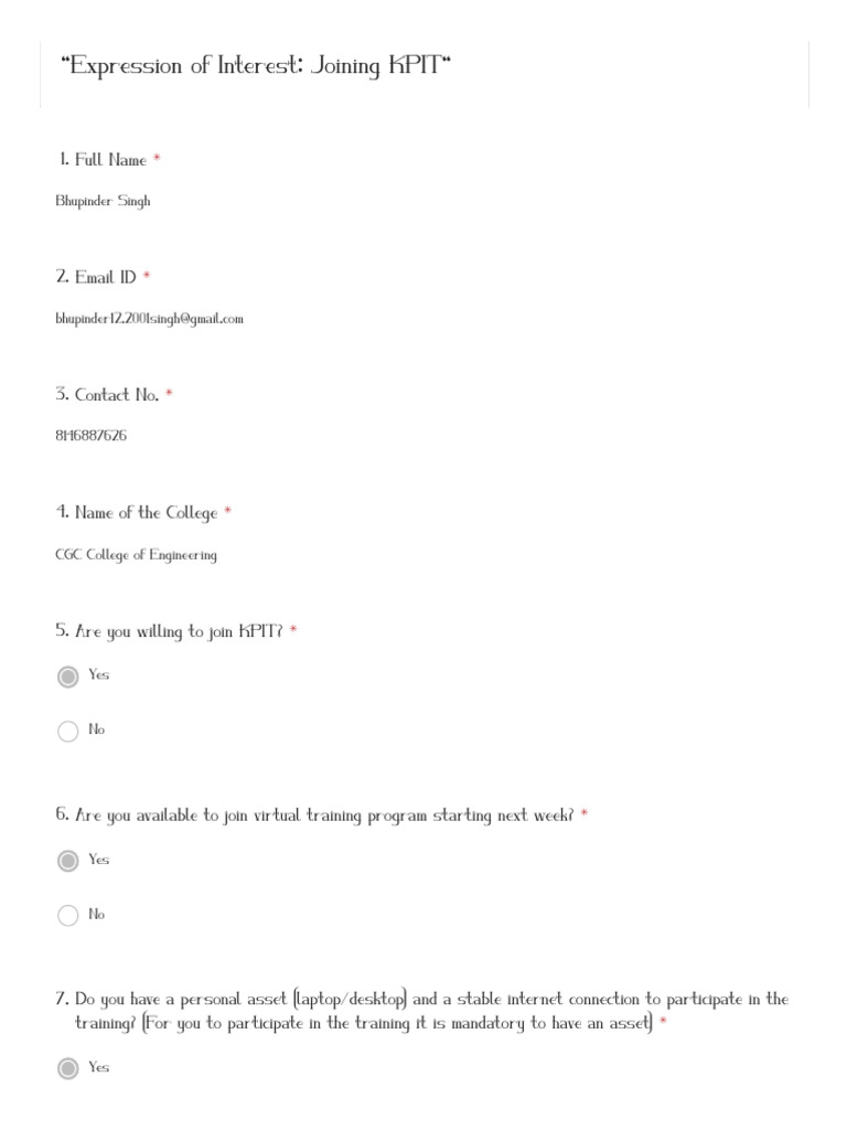 Expression of Interest - Joining KPIT | PDF