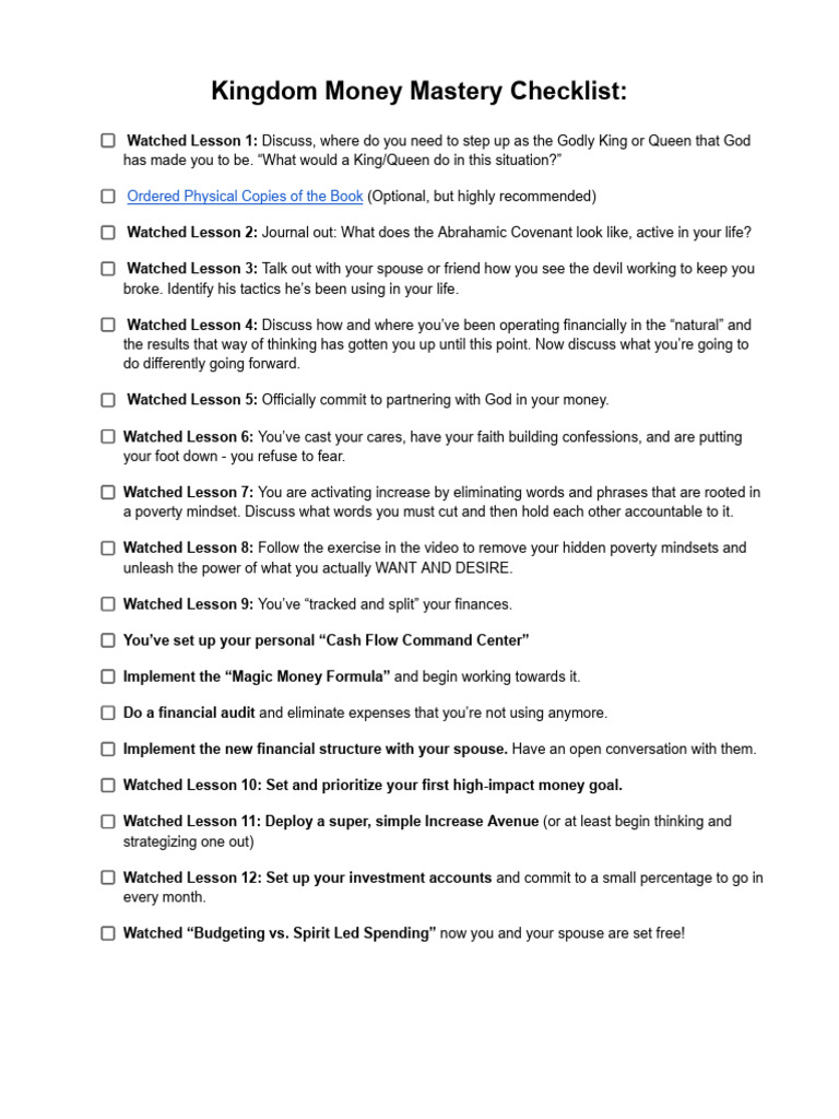 Kingdom Money Mastery Checklist | PDF