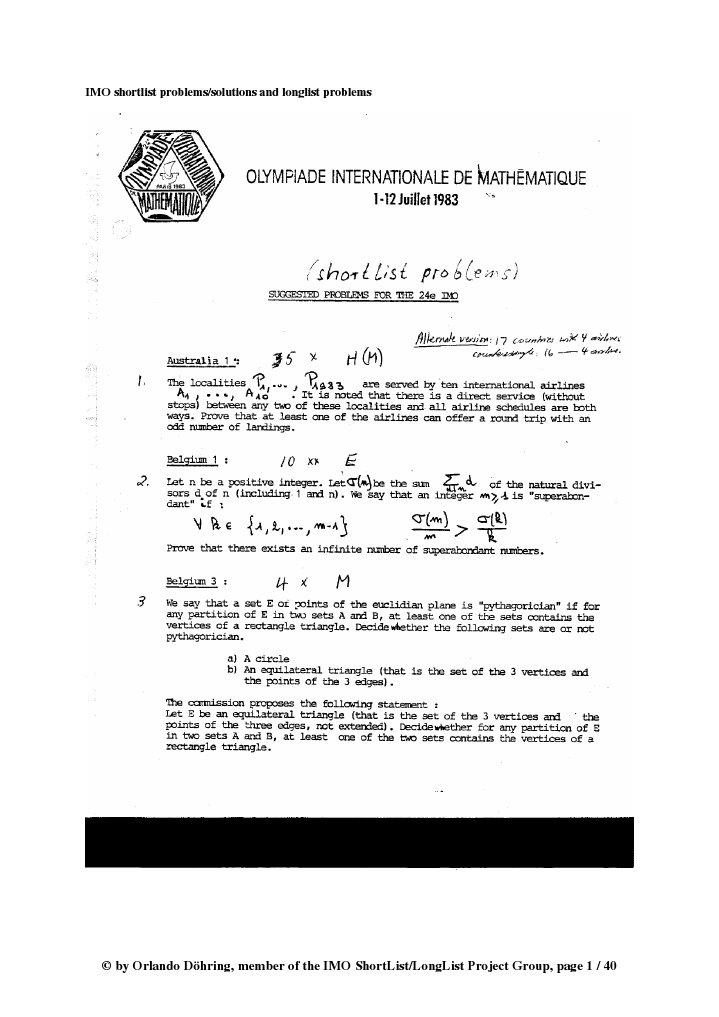 IMO 1983 - Shortlist Problems With Solutions - Paris, 24th IMO | PDF