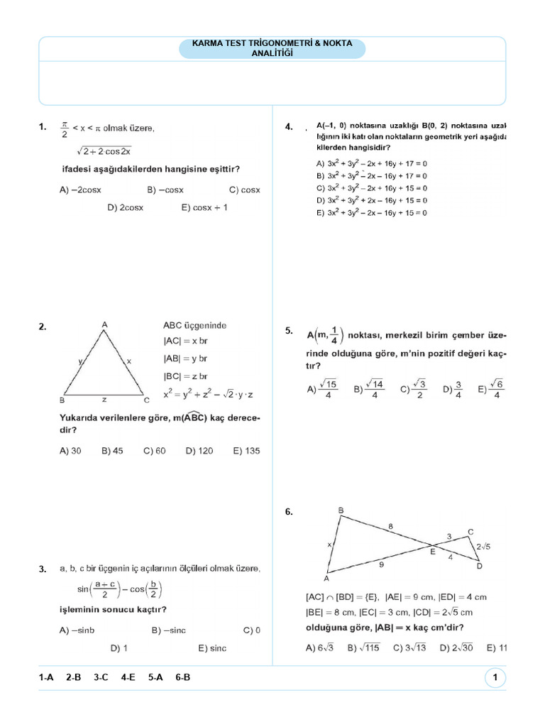 KARMA TEST TRİGONOMETRİ & NOKTA ANALİTİĞİ | PDF