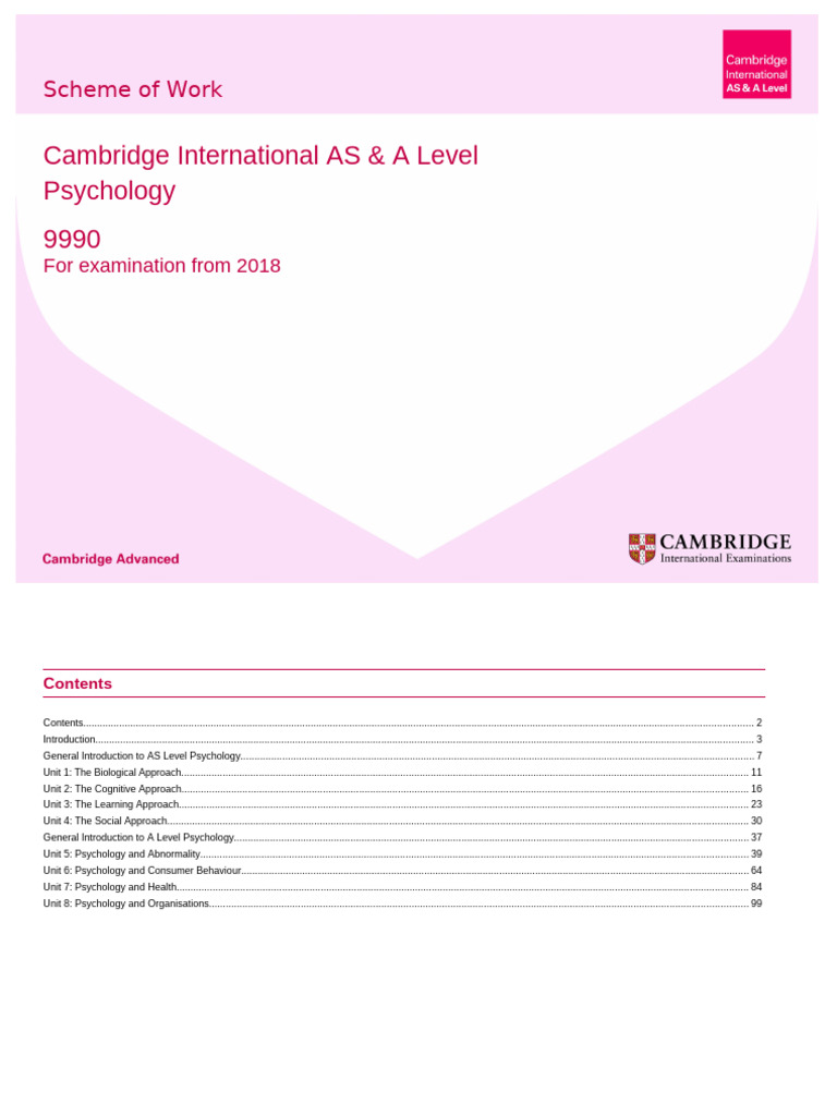 Cambridge International AS & A Level Psychology 9990: Scheme of Work ...