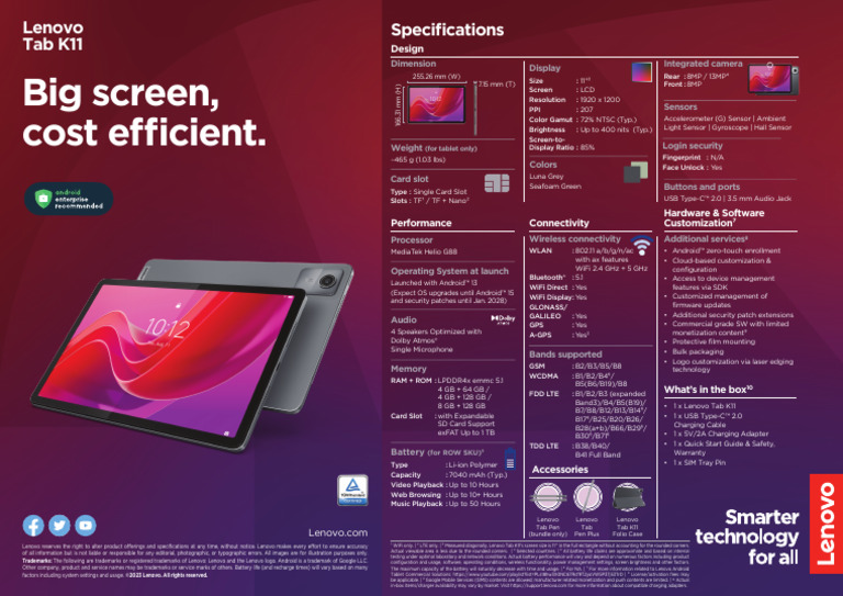 Lenovo Tab K11-Datasheet-Ww-En | PDF | Android (Operating System) | Tablet Computer