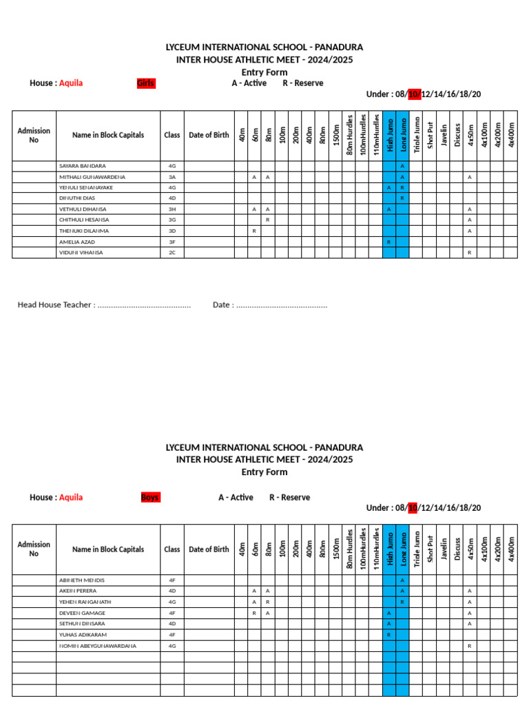 Inter House - Entry Form - AQUILA | PDF | Summer Olympic Games ...