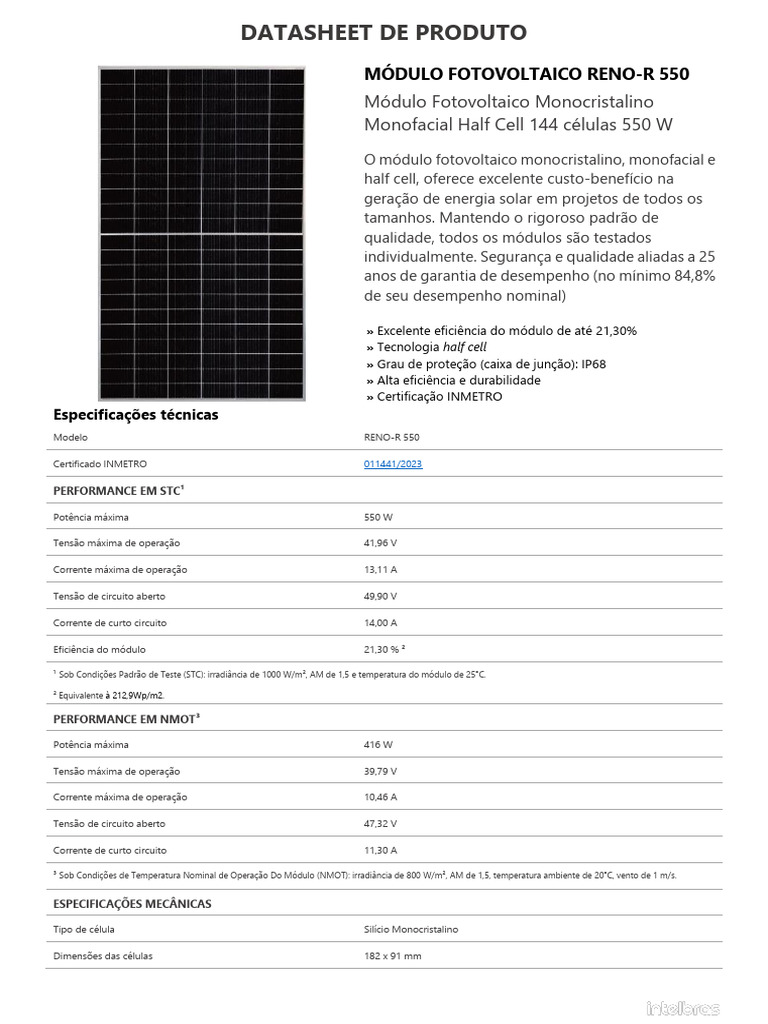 Datasheet Módulo Fotovoltaico RENO-R 550 | PDF | Eletromagnetismo ...