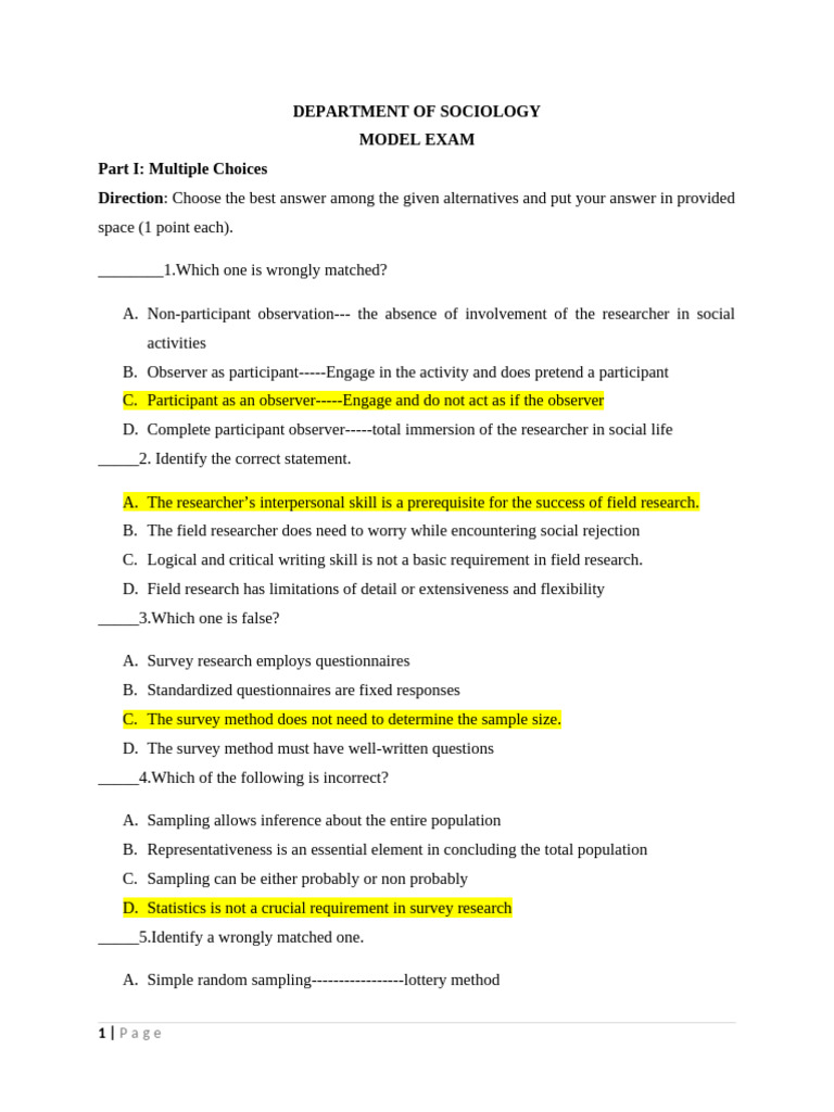 Sociology Model Exam: Research Methods | PDF | Survey Methodology ...