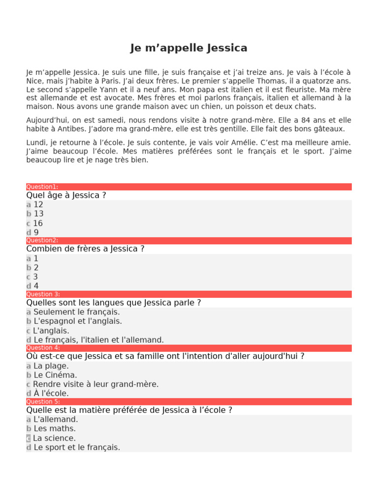 Texte A1 : Je m'appelle Jessica | PDF