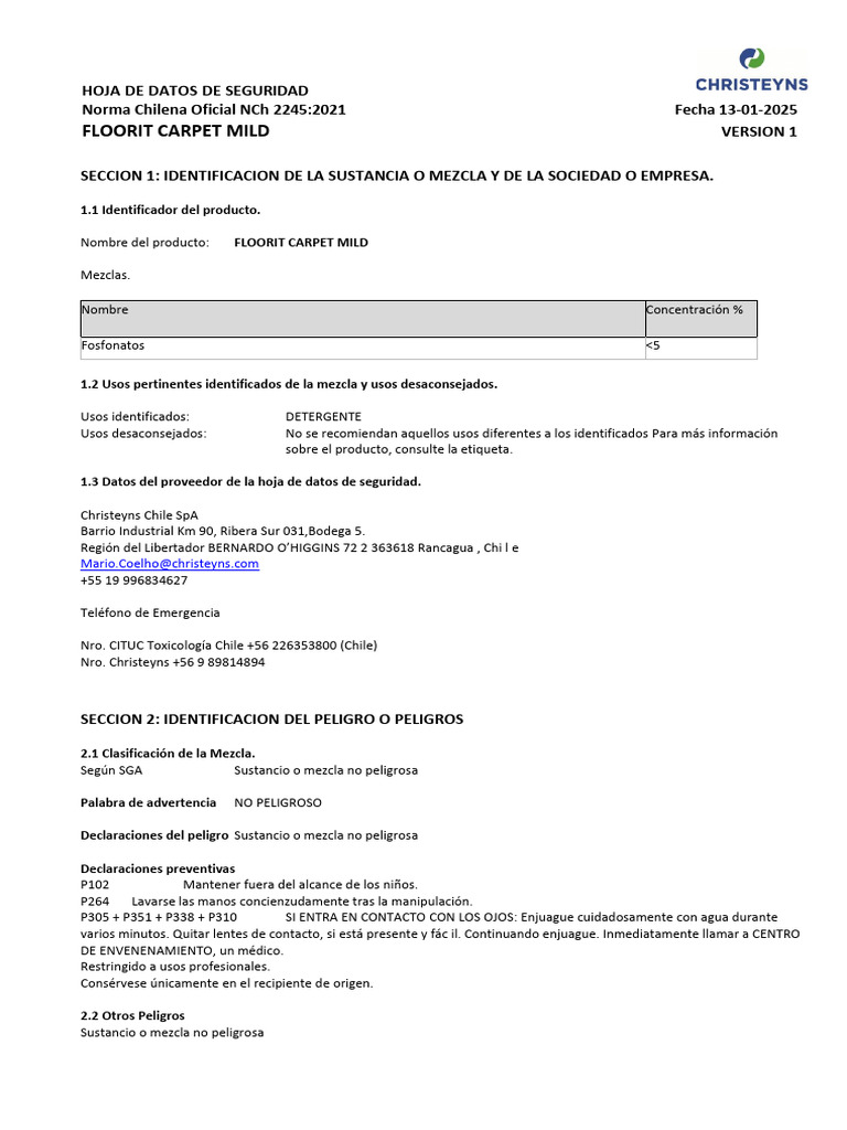 HDS-FLOORIT CARPET MILD_CHRISTEYNS_CHILE_NCH 2245-2021 UN N-A | PDF ...