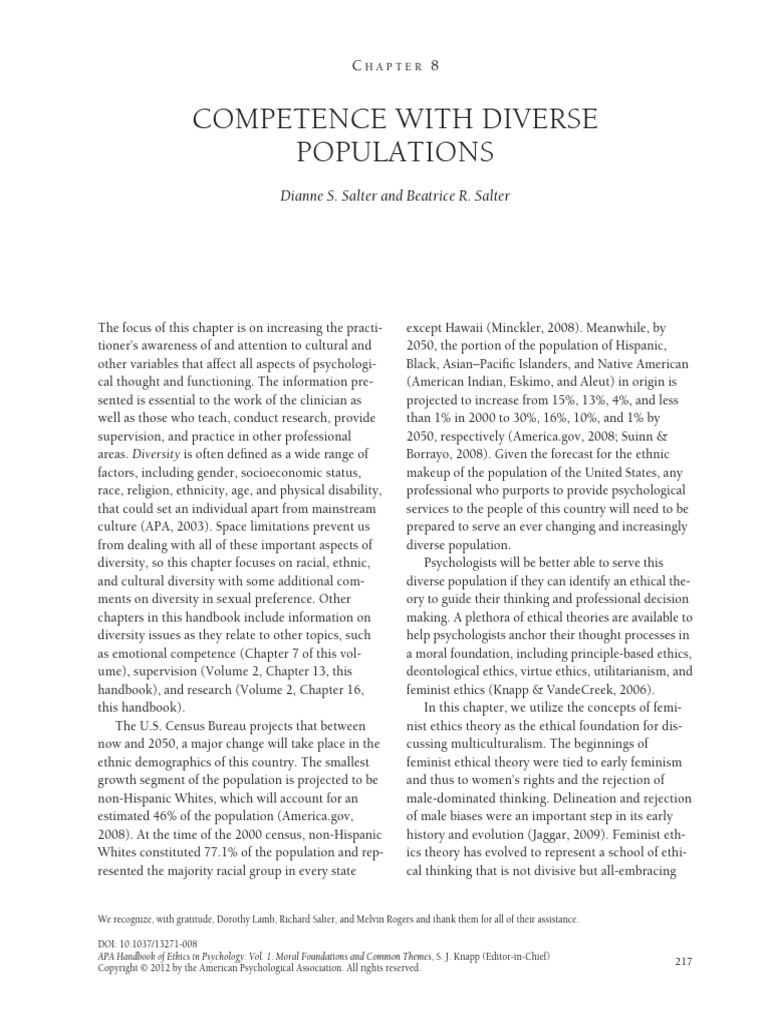 Chapter 8. Vol 1. Competence With Diverse Populations. Handbook of Ethics | PDF | Mental ...