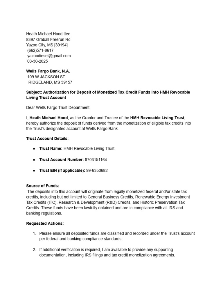 Authorization for Deposits of Monetized tax Credits into HMH trust ...