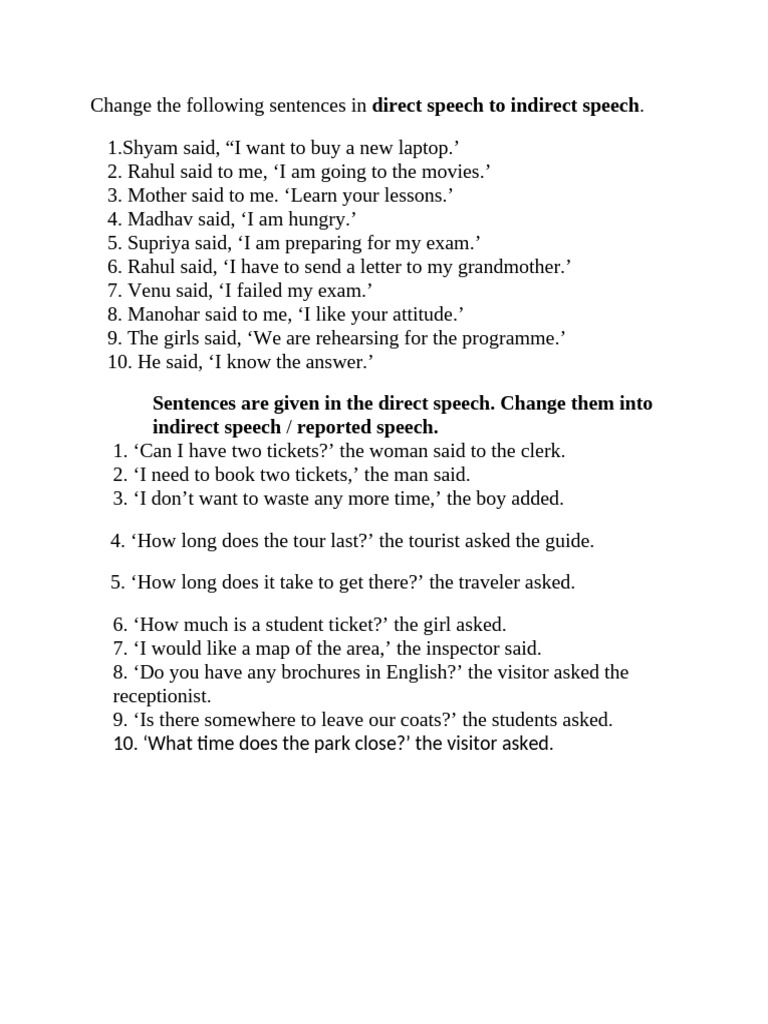 Change The Following Sentences in Direct Speech To Indirect Speech | PDF