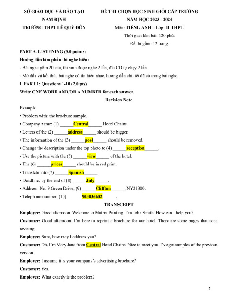 Dap An de Thi HSG Anh 11 THPT Le Quy Don Nam Dinh 20232024 1600 PDF - Gdrive.vip | PDF