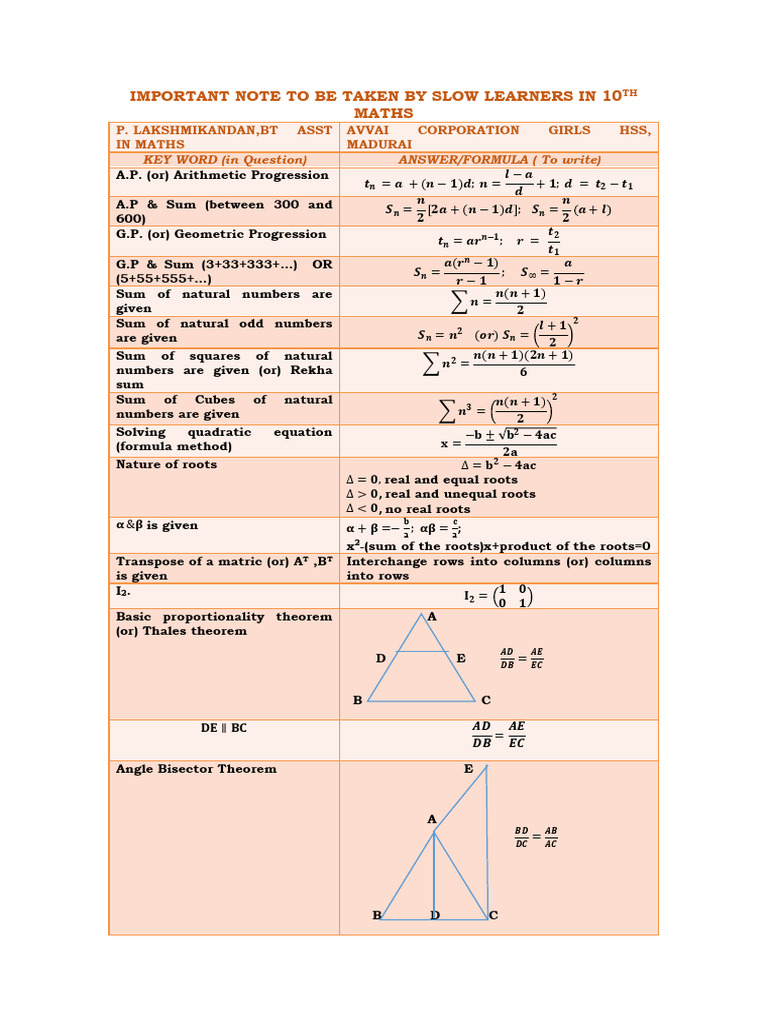 10th Maths Slow Learner Formula and Hints English Medium PDF Download | PDF | Mathematical ...