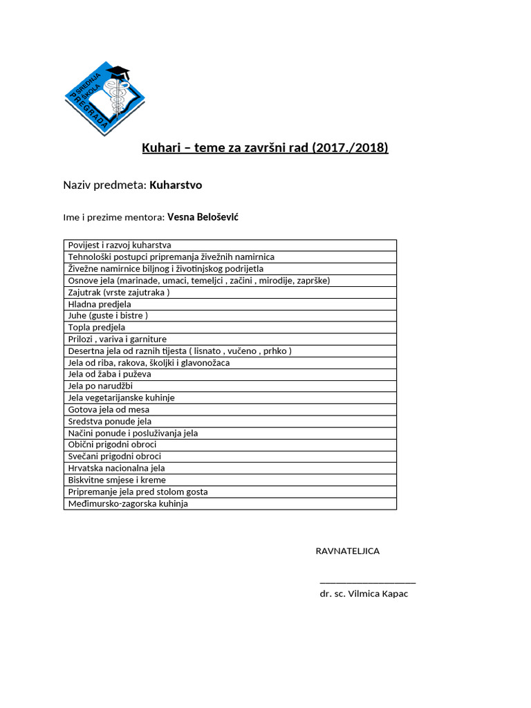 Kuhari Teme Za Zavrs Ni Rad | PDF