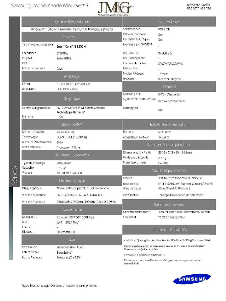8y6xw-Fiche Technique PC Samsung I3 | PDF