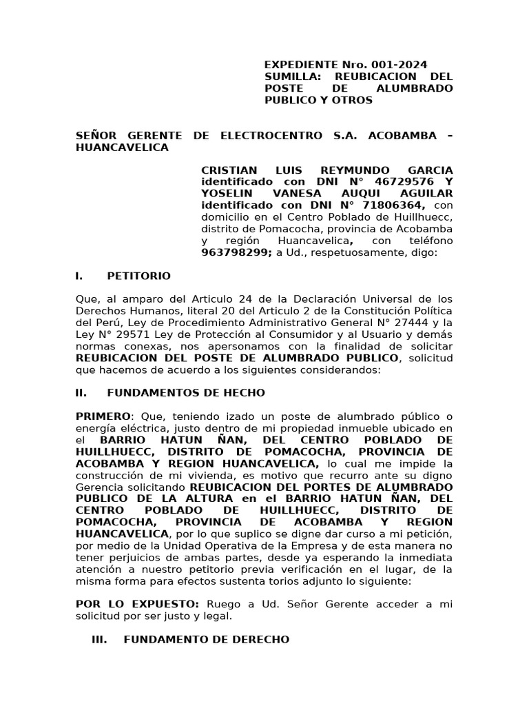 Solicitud de Reubicacion de Poste Electrico | PDF | Gobierno | Justicia