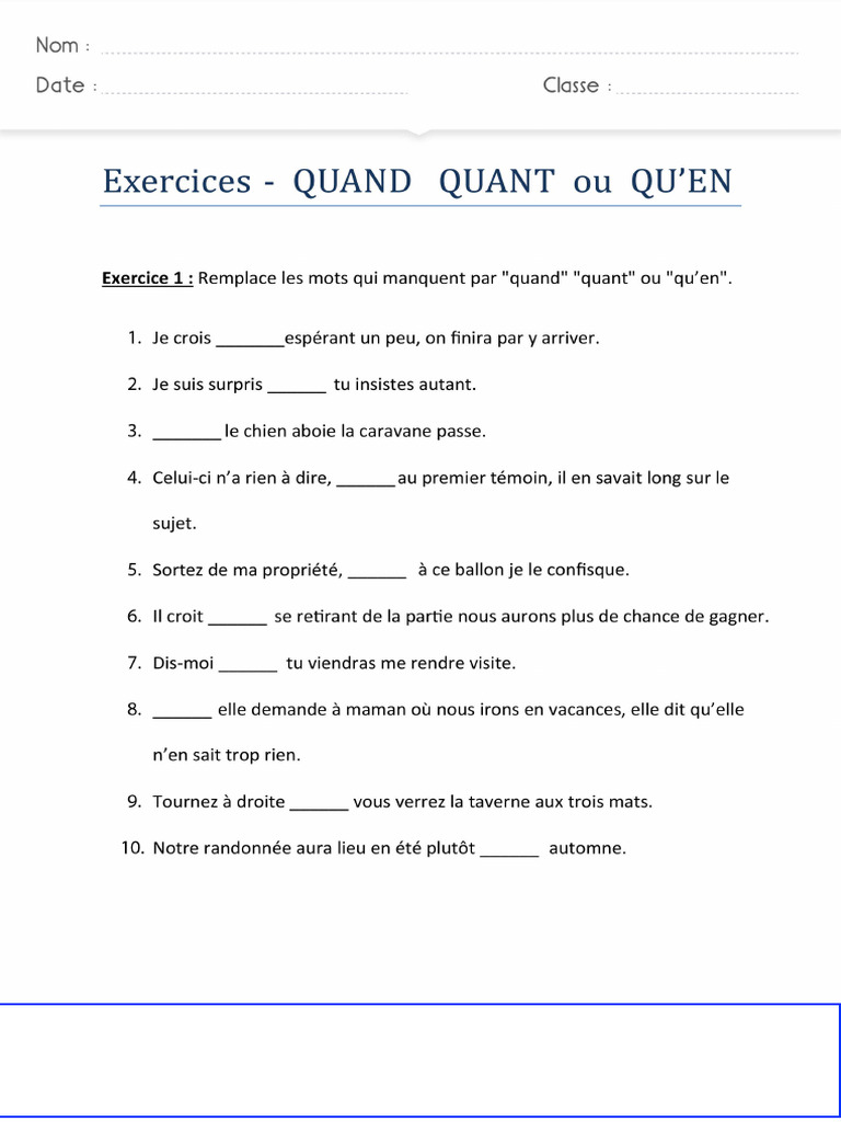 24 Exercices Quand Quant Quen. | PDF