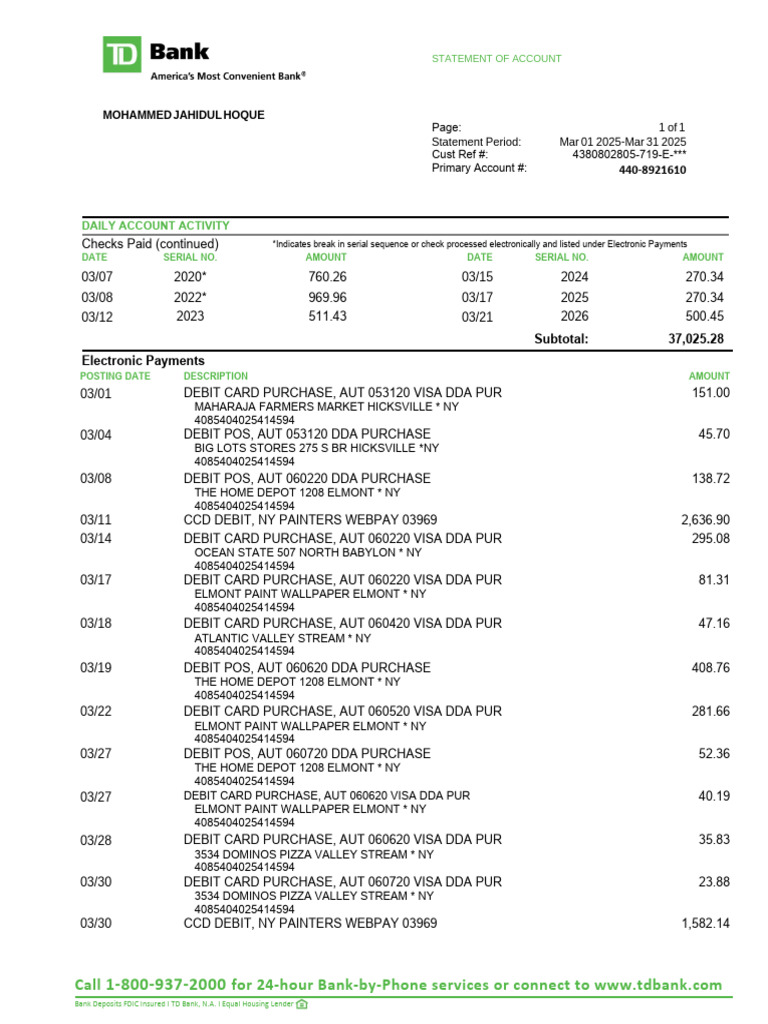 TD Bank Statement USA BankStatements Net | PDF | Debit Card | Visa Inc.