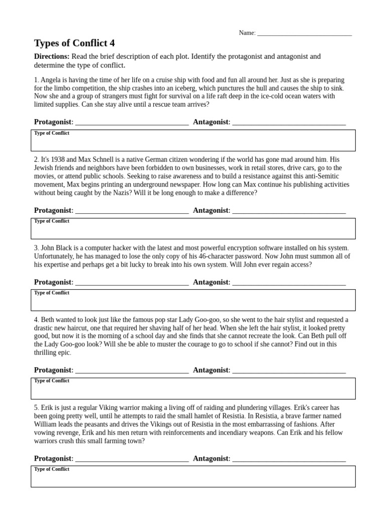 Types of Conflict Worksheet 4 | PDF