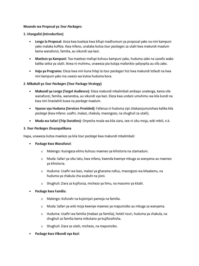Muundo Wa Proposal Ya Tour Packages Zakayo | PDF